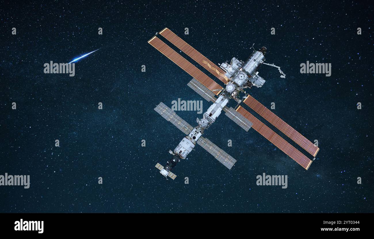 ISS space station flies in starry space and explores deep space. Space ...