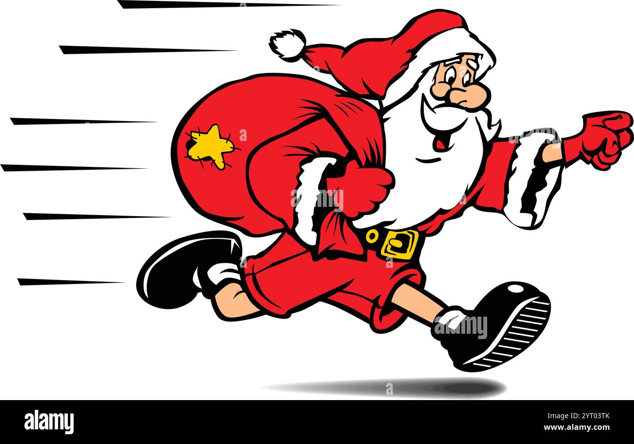 Running fast Santa Claus with giving bag. Character for New Year card ...