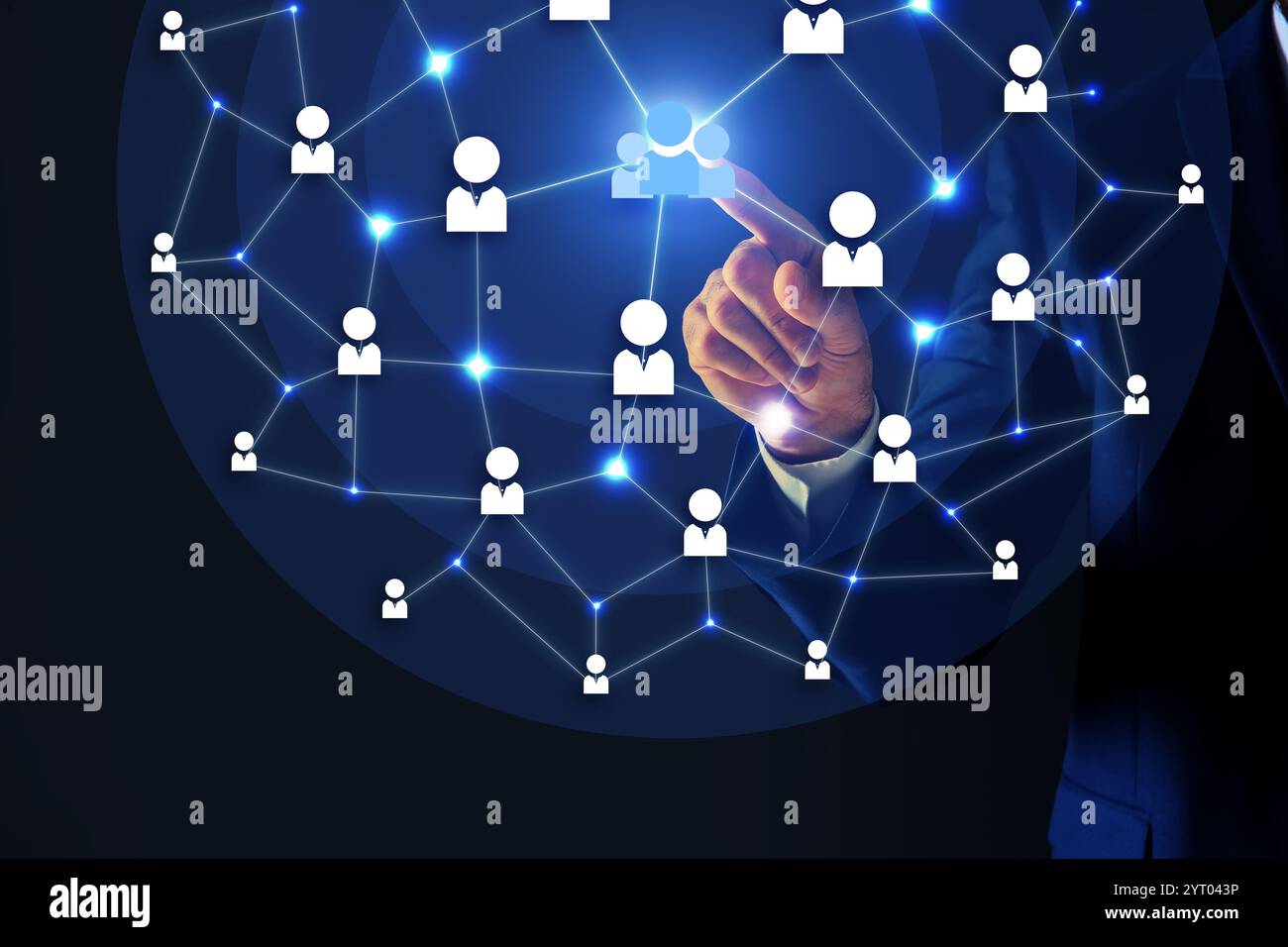 Human resource. Businessman touching virtual scheme with people figures ...