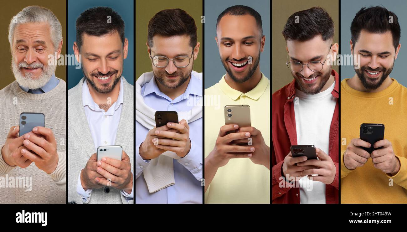 Men using mobile phones on different colors backgrounds. Collage of ...