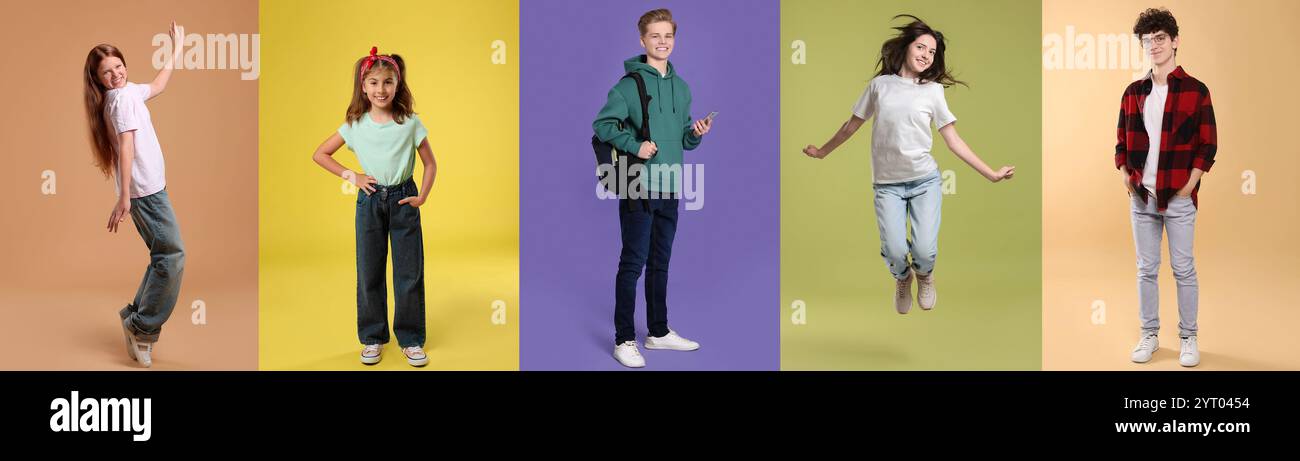 Teenagers on different colors backgrounds. Collage of portraits Stock ...