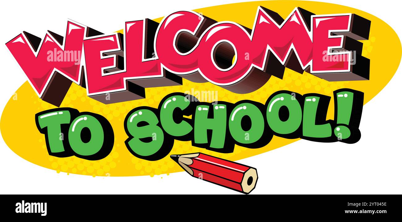 Welcome to school lettering. Template with pencil for invitation, congratulations. Back to ...