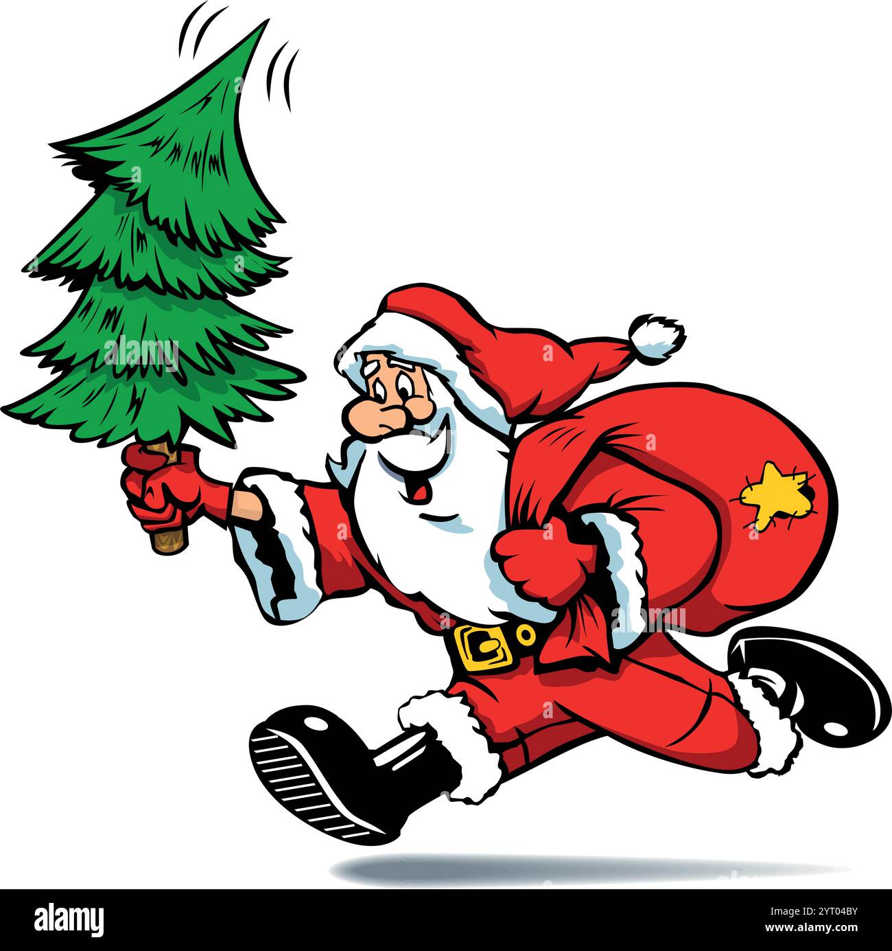 Running Santa Claus with big giving bag and christmas tree. Character ...
