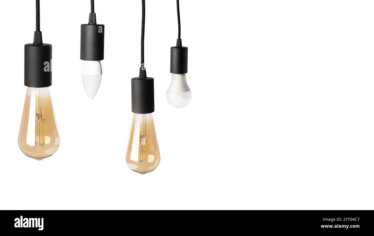 Different light bulbs hanging on white background. Banner design with ...