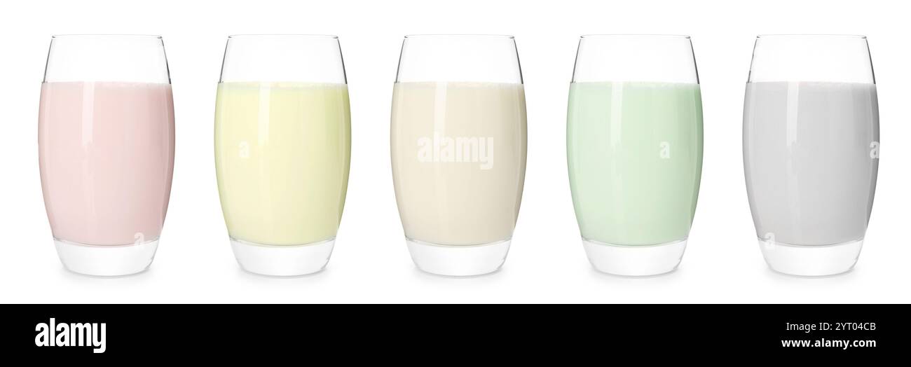 Protein shakes of different flavors in glasses isolated on white, set ...