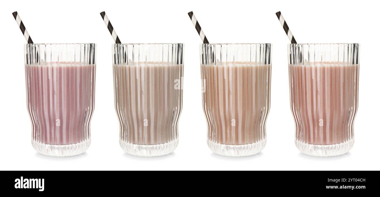 Protein shakes of different flavors in glasses isolated on white, set ...