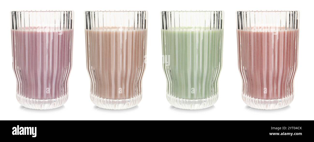 Protein shakes of different flavors in glasses isolated on white, set ...