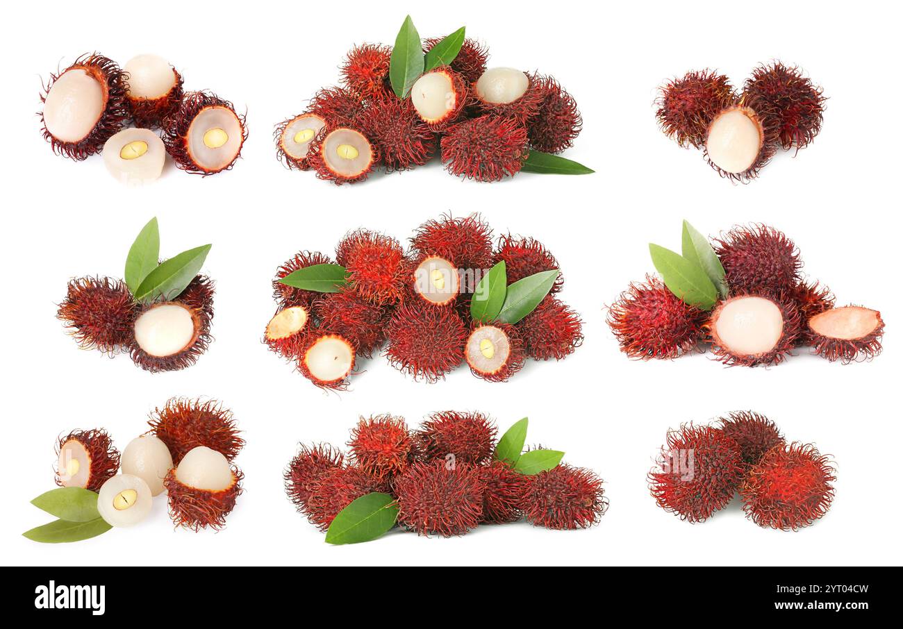 Fresh tropical rambutan fruits and green leaves isolated on white, set ...