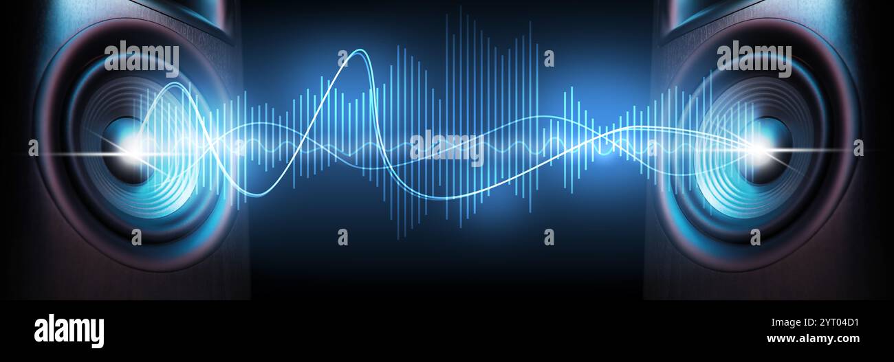 Sound waves between loudspeakers on black background, banner design ...