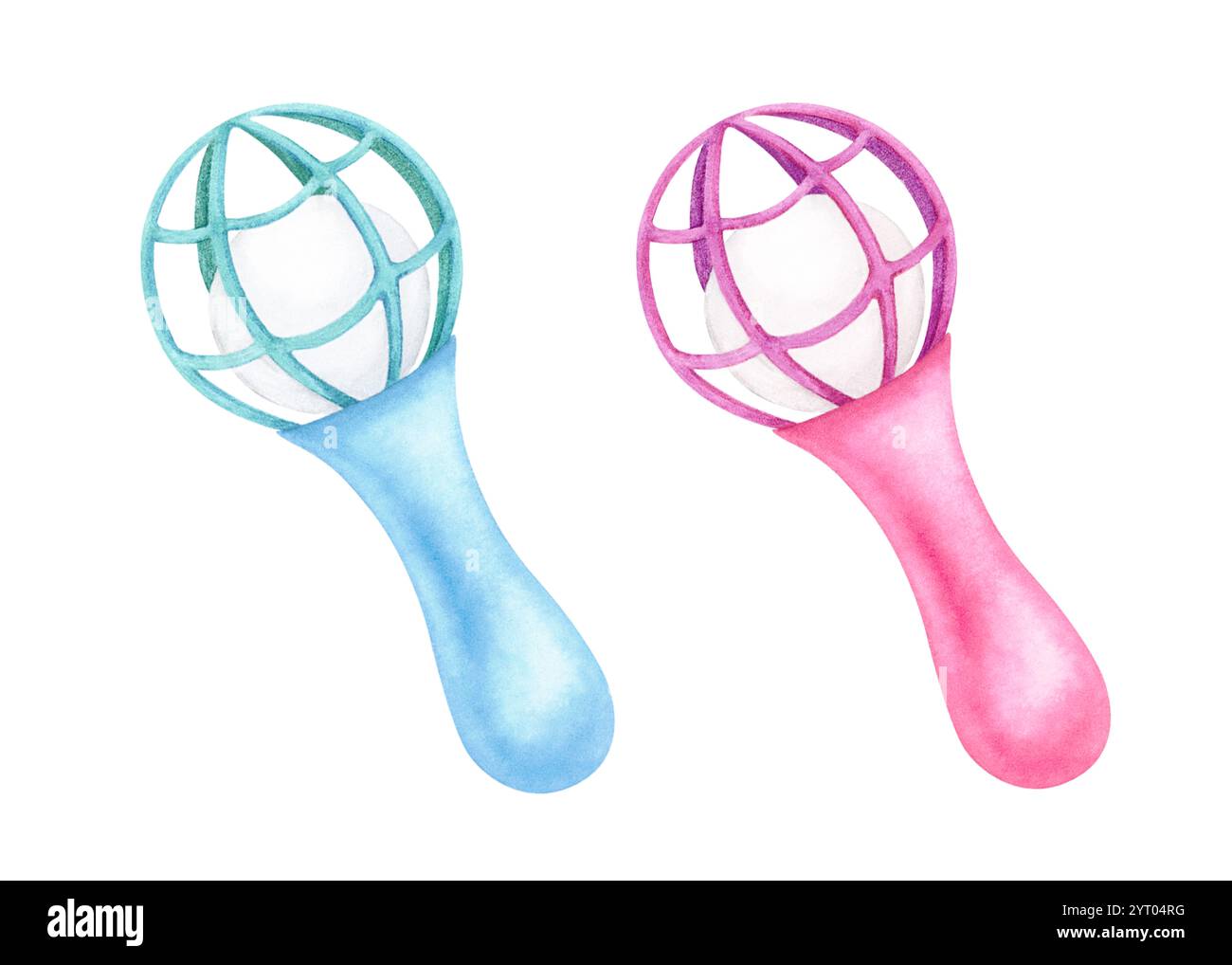 Pink and blue newborn toy. Watercolor hand drawn illustration isolated ...