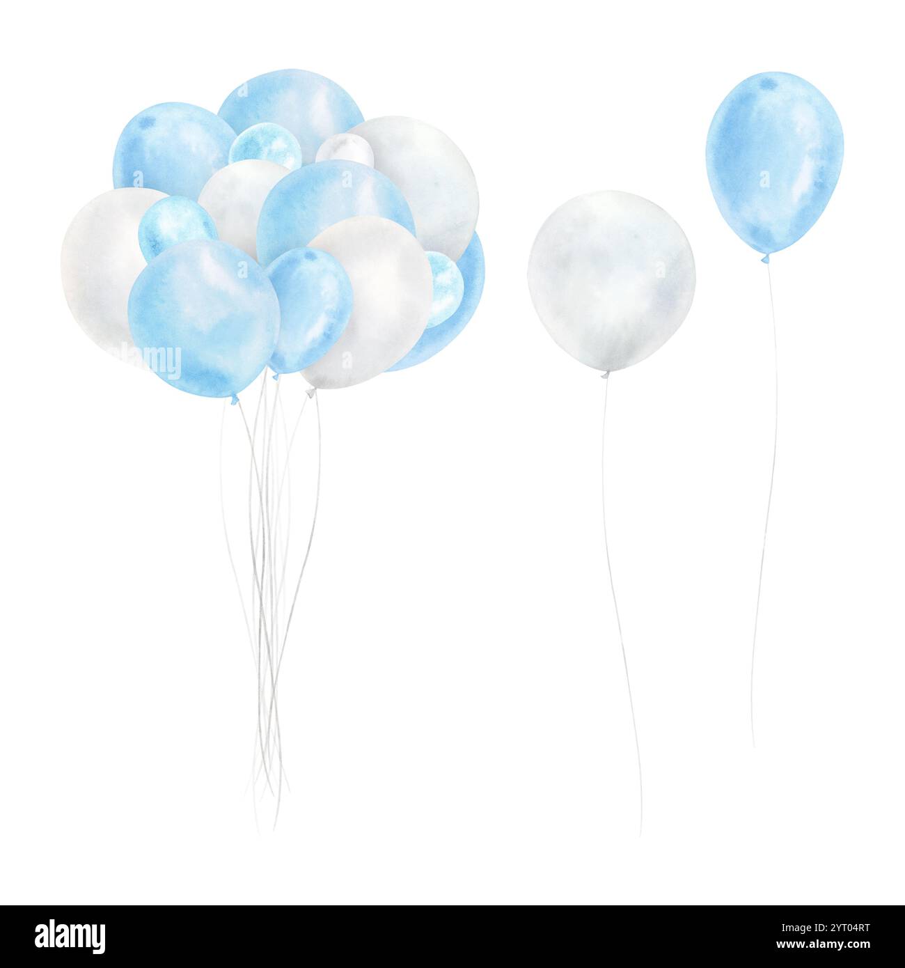 Colorful blue and silver balloons with rope composition. Watercolor ...