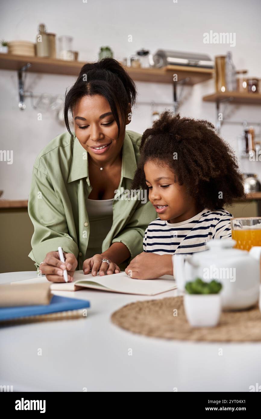 A loving mother engages her daughter in a creative learning activity at ...