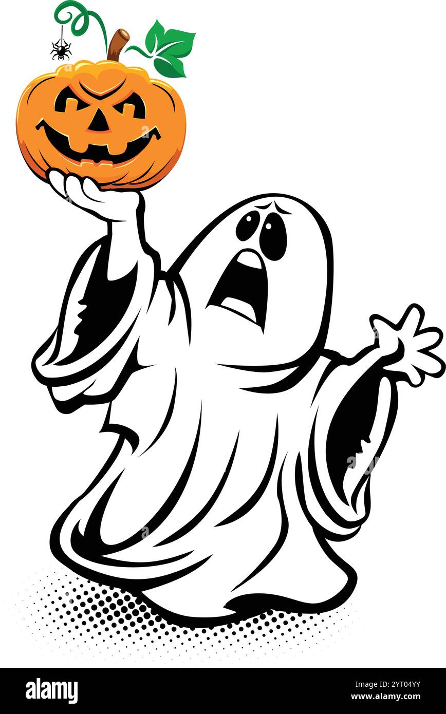 Ghost with frightened expressions on their face held Halloween pumpkin ...