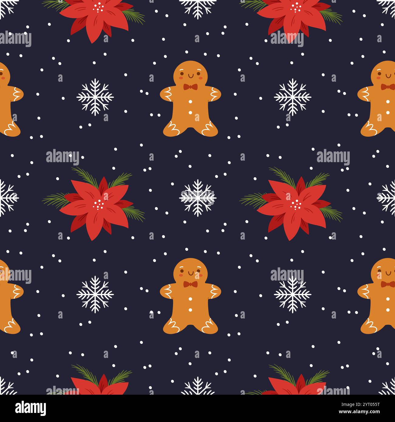 Christmas pattern with gingerbread, poinsettia and snowflakes.Christmas ...