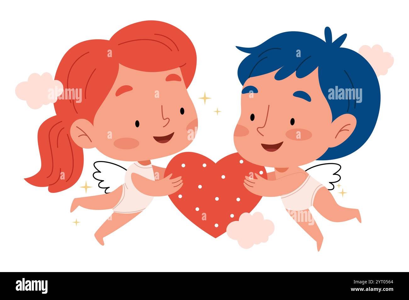 Two cupids boy and girl holding a big heart. Valentine's Day.Romantic ...