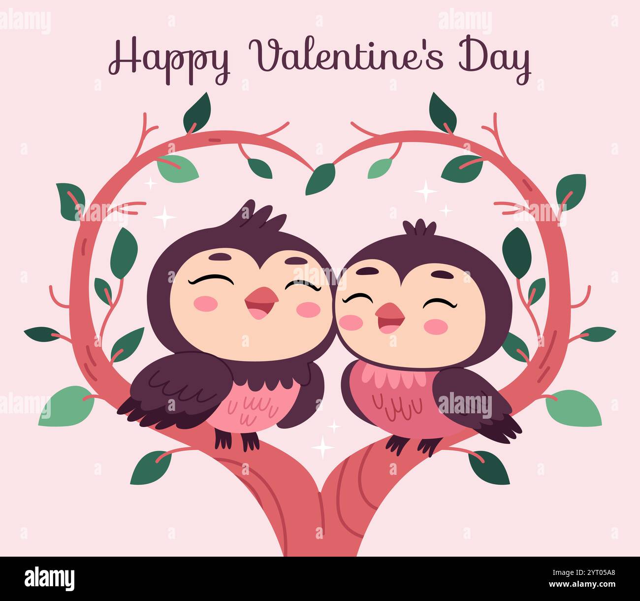 Two love birds sitting on a heart-shaped tree. Valentine's Day card ...