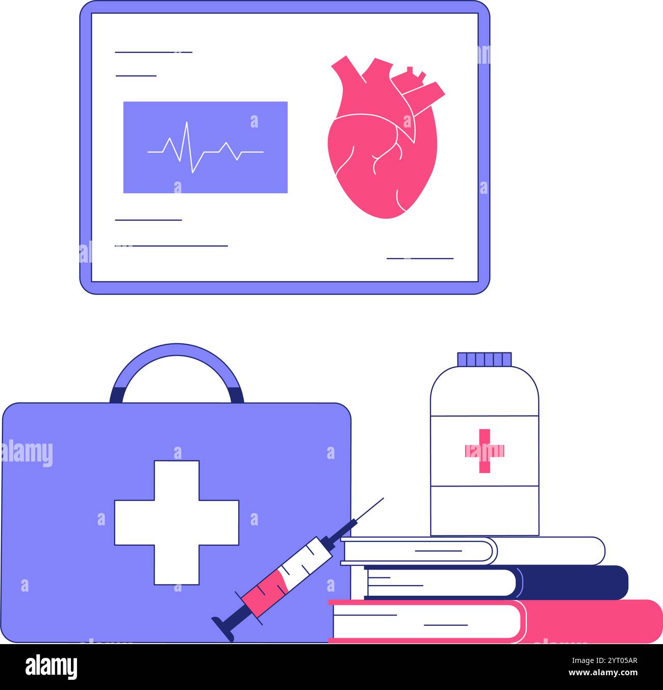 Medical Tools And Heart Analysis Screen In Flat Vector Illustration ...