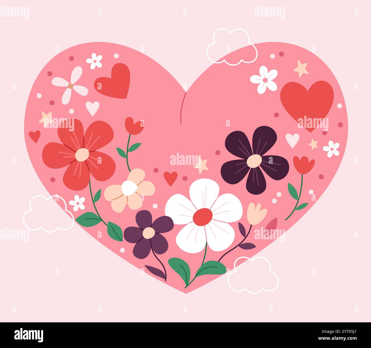 Flowers, stars and hearts in a big heart. Valentine's Day card in pink ...