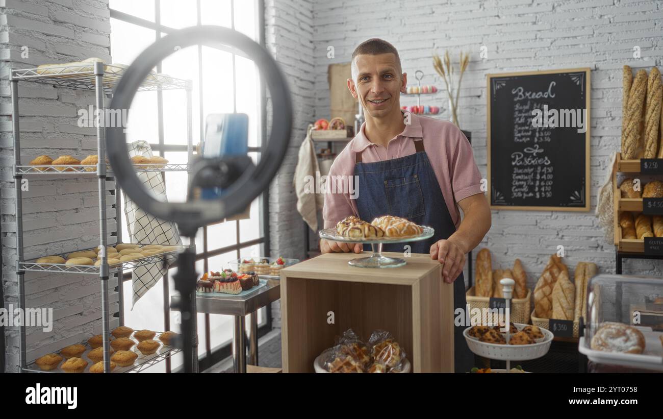 Young man in bakery holding plate of pastries with shelves of breads ...