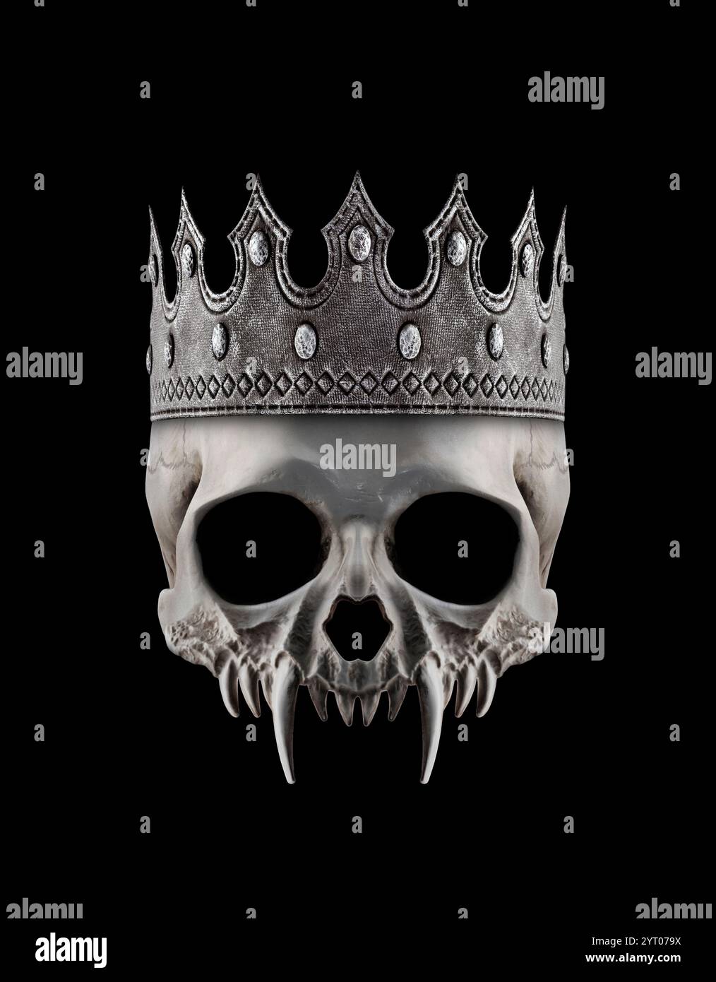 Vampire skull with long sharp fangs and ancient crown on black ...