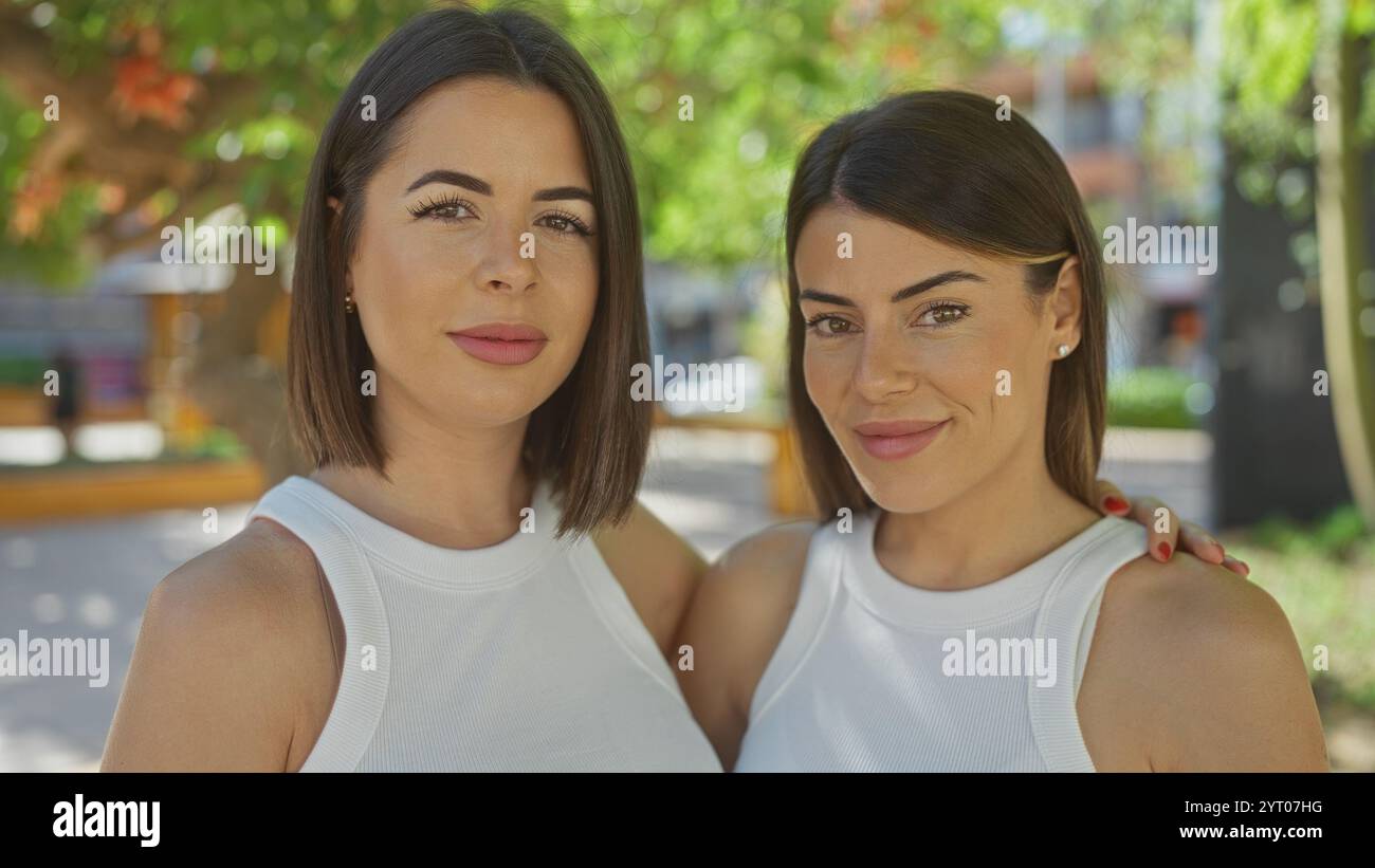 Two women, possibly sisters, share a moment together outdoors in an ...