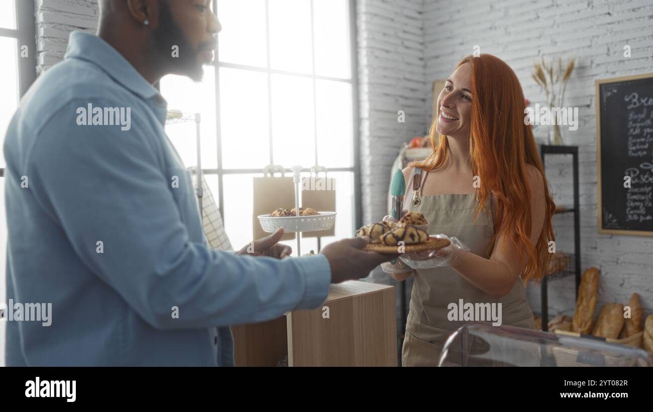 Woman baker handing pastries to man customer in a cozy bakery shop ... Woman baker handing pastries to man customer in a cozy bakery shop ...