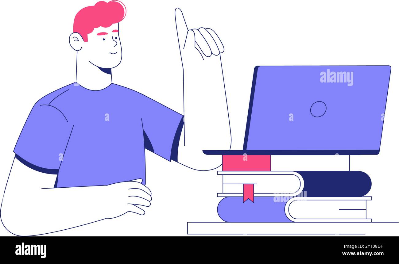 Male Student With Laptop And Books In Flat Vector Illustration ...