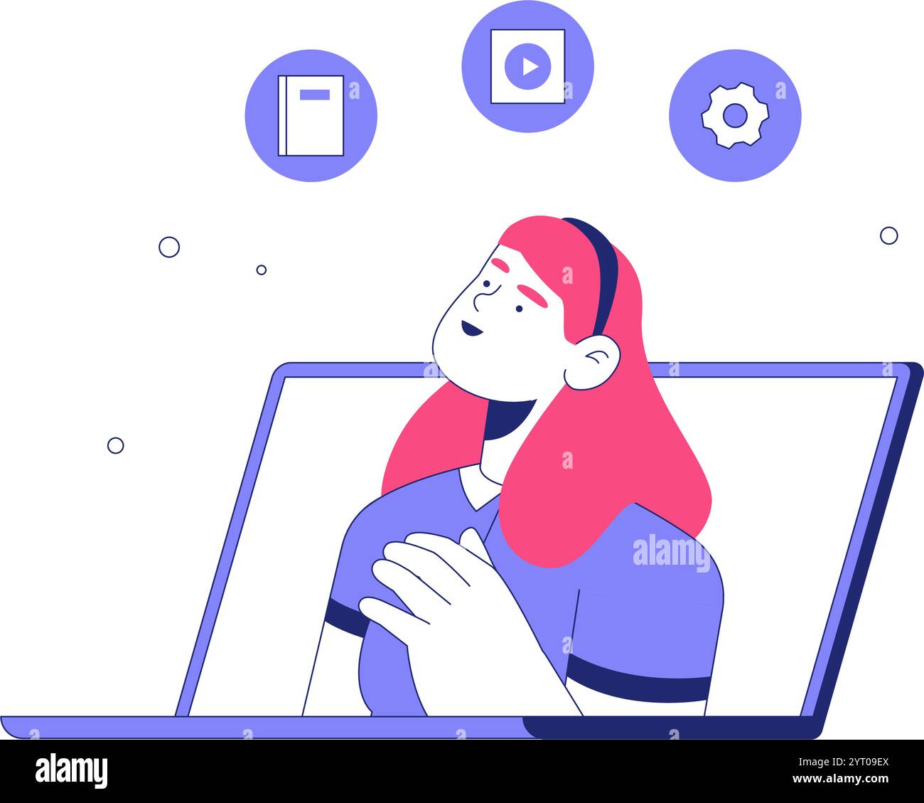 Female Character Using A Laptop With Digital Tools Floating Above In