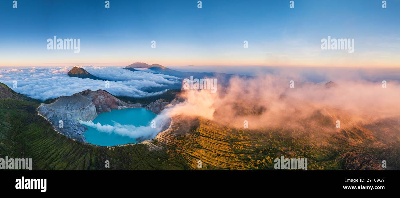 Aerial panorama drone view of mount Kawah Ijen volcano crater at ...