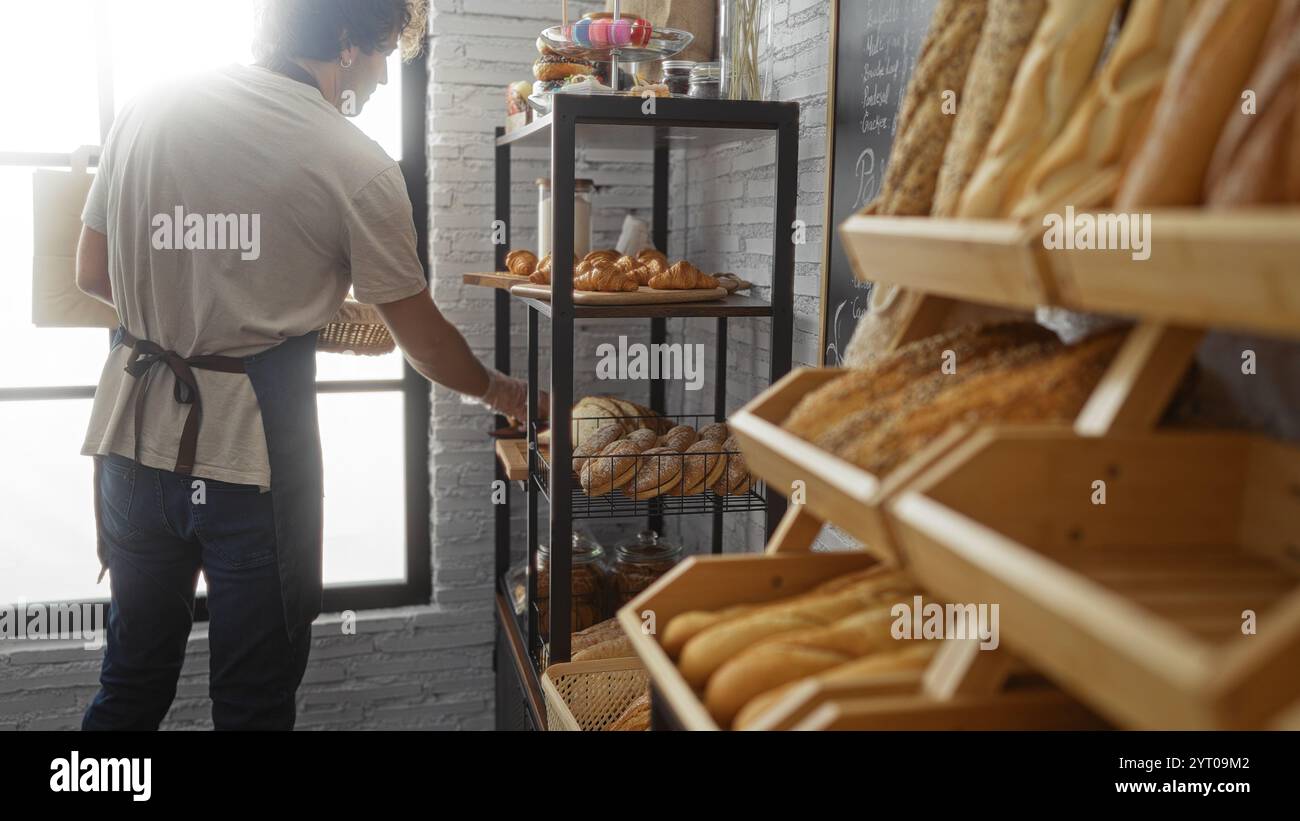 Young man in a bakery arranging fresh bread on shelves, creating an ...