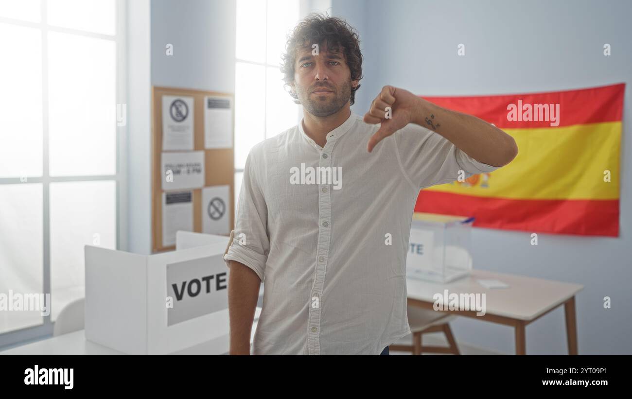 Young man inside a spanish electoral college room gives a thumbs-down ...
