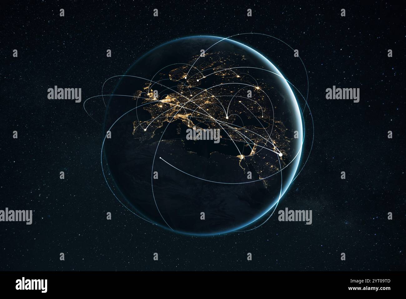 Night planet earth from space with light lines of communication and ...
