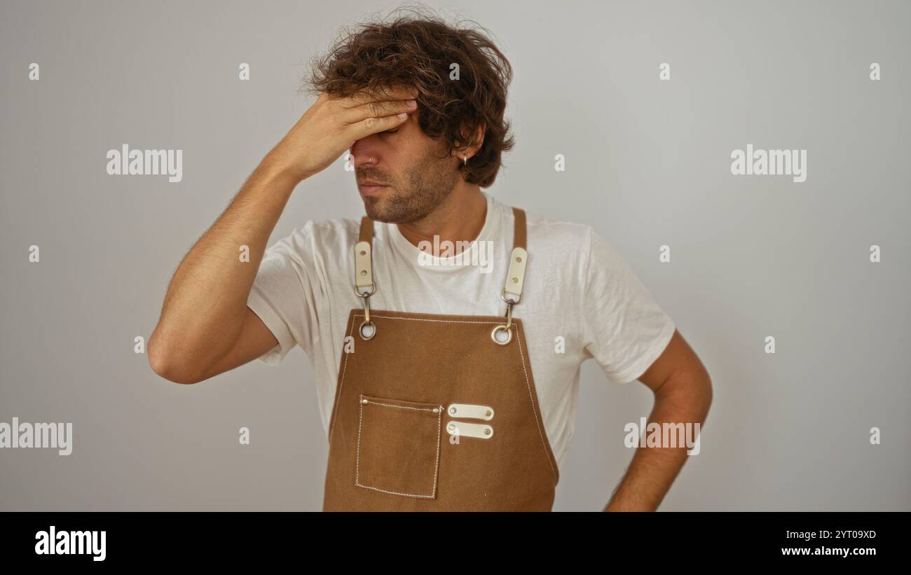 Young man in a white shirt and brown overalls stands against an ...