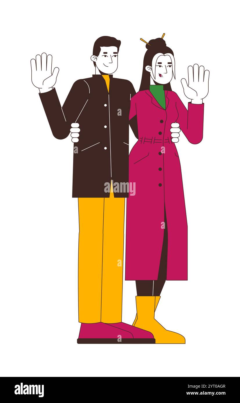 Fashionable chinese couple in winter outerwear waving hands 2D cartoon ...