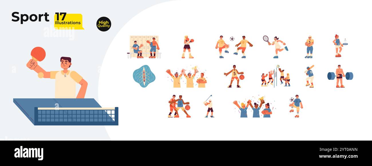 Competitive sport playing cartoon flat illustrations mega bundle Stock ...