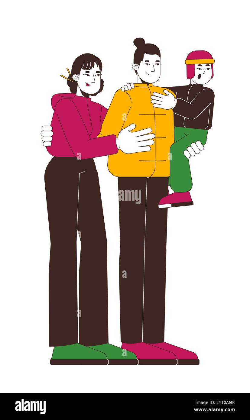 Modern chinese family in winter outerwear 2D cartoon characters Stock ...