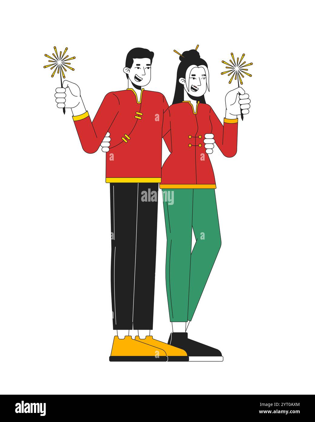 Young adults chinese couple in tang suits holding sparklers 2D cartoon ...