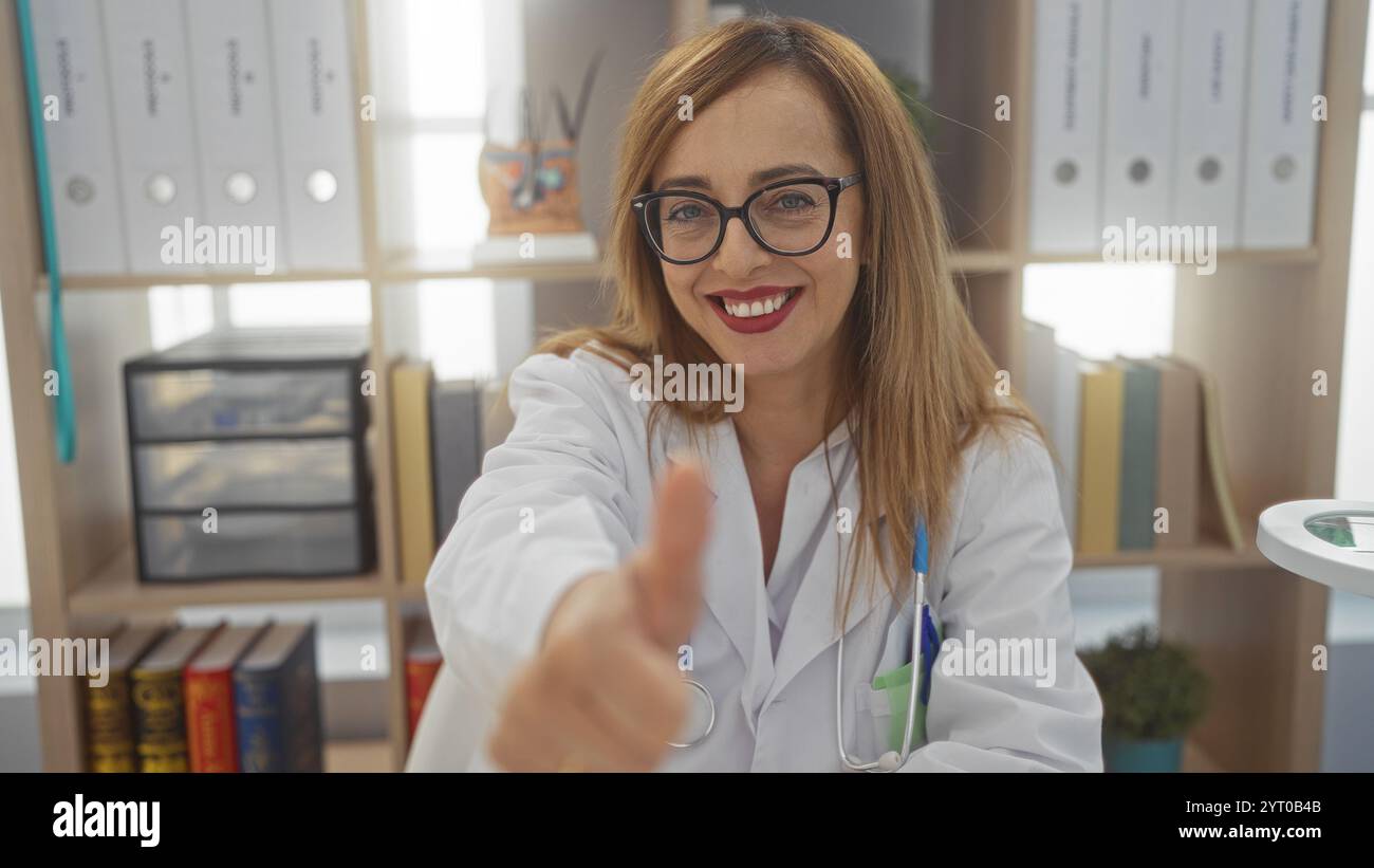 Female doctor giving thumbs up, smiling confidently in a well-organized ...