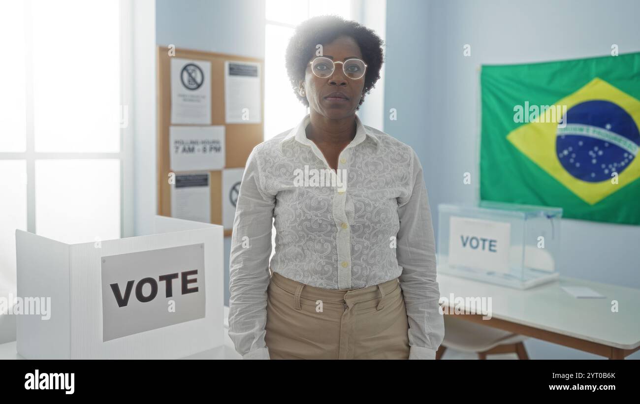 Woman standing in electoral college room with vote signs and brazilian ...