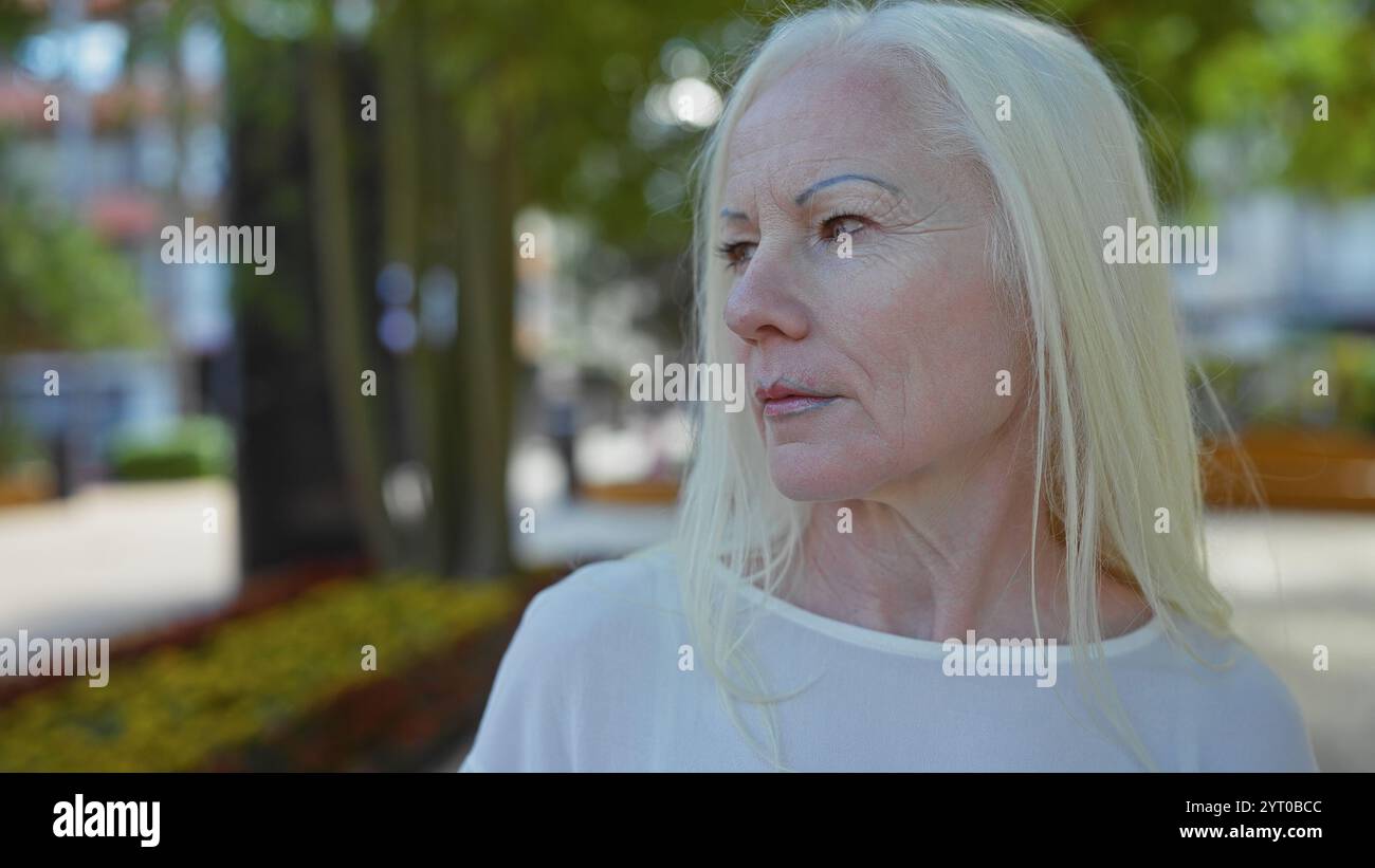 Woman with albinism standing in urban park, looking contemplative in a ...