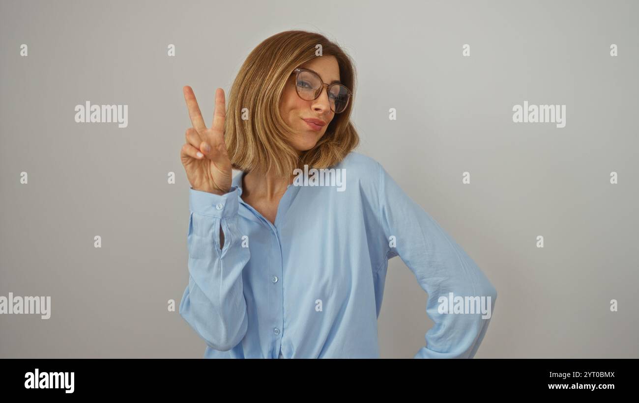 Young woman making peace sign wearing glasses and light blue shirt ...