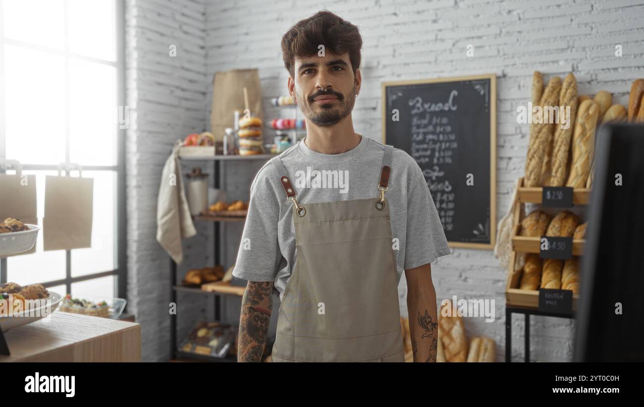 Handsome young hispanic man with a beard standing in a bakery shop ...