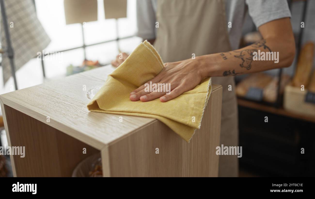 Man cleaning surface with cloth in bakery shop showcasing bread display ...
