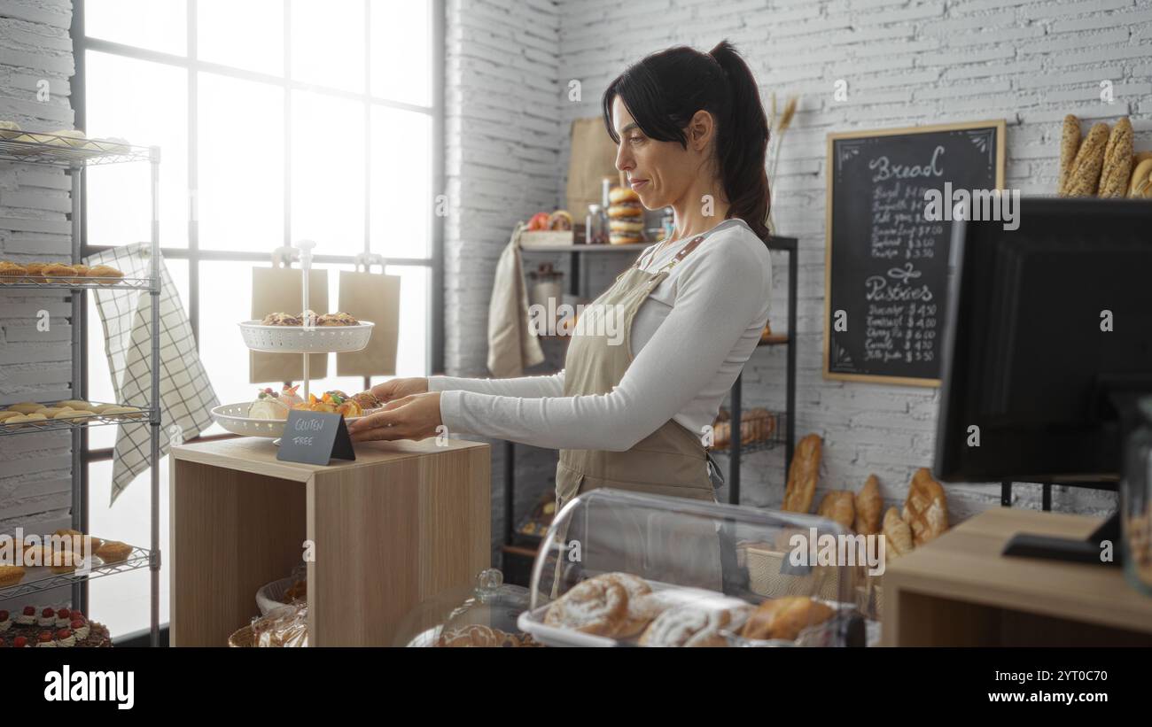 Woman arranging pastries in bakery shop, indoor setting with bread ...