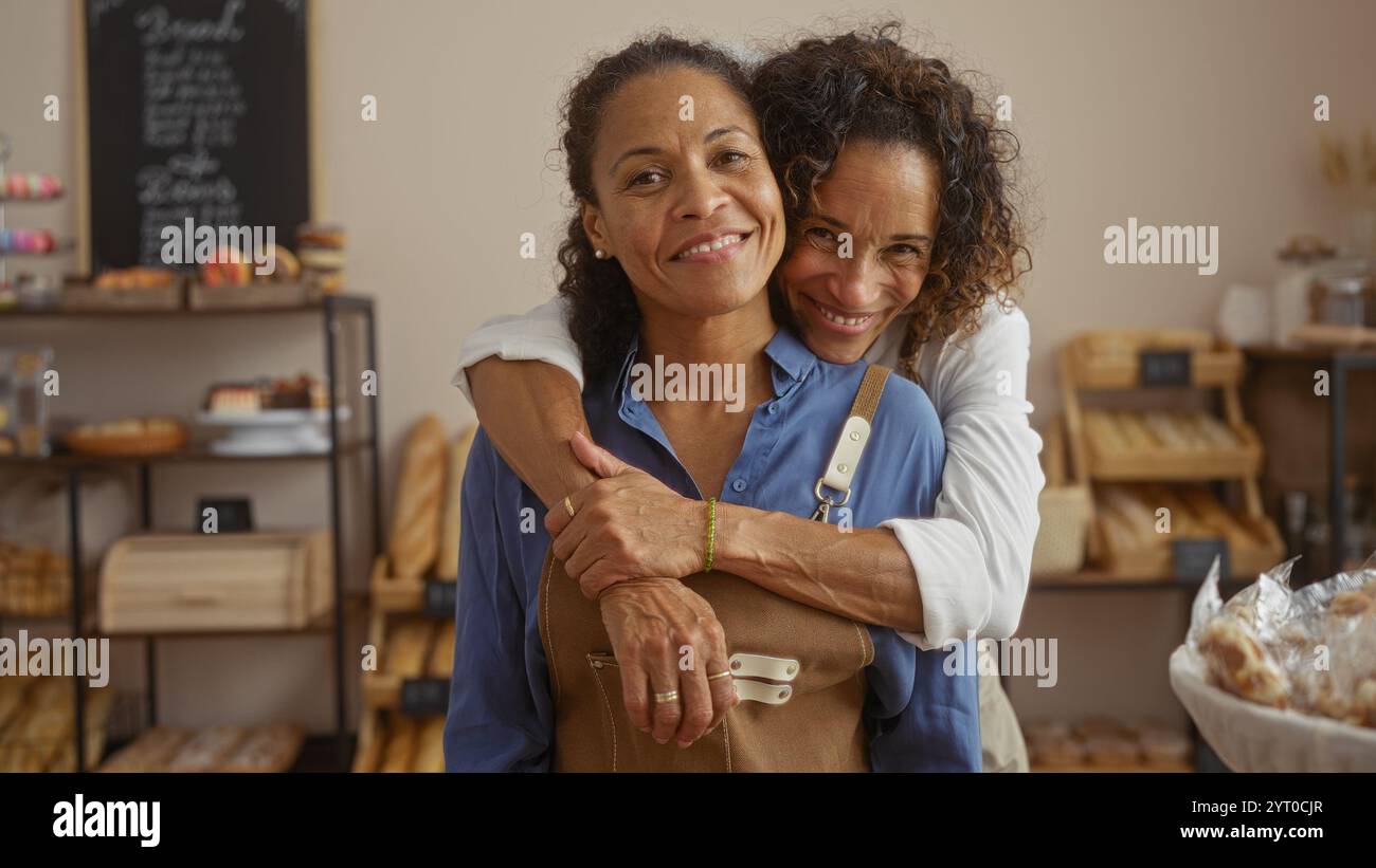 Latin women bakers embrace while standing in a cozy bakery shop, filled ...