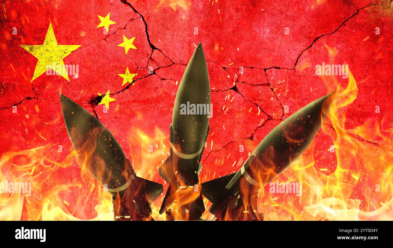 Rockets on fire against the backdrop of the Chinese flag on a cracked ...