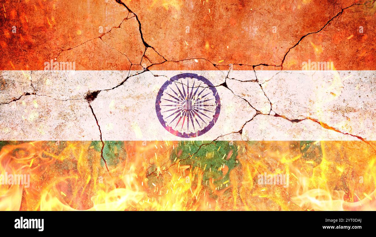 Indian flag on fire with flames and sparks on cracked concrete wall ...