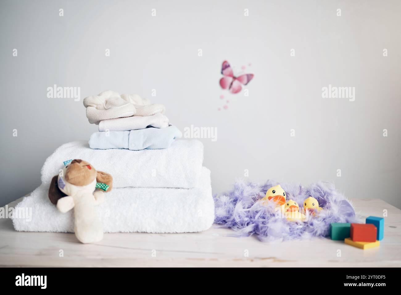 Laundry, decoration and tidy in nursery bedroom, changing station and ...