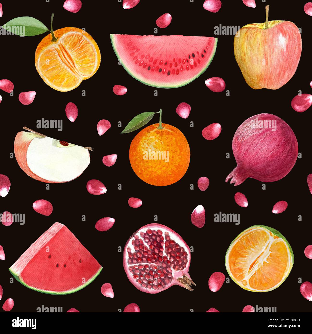 Apple, orange, watermelon and pomegranate seeds watercolor seamless ...