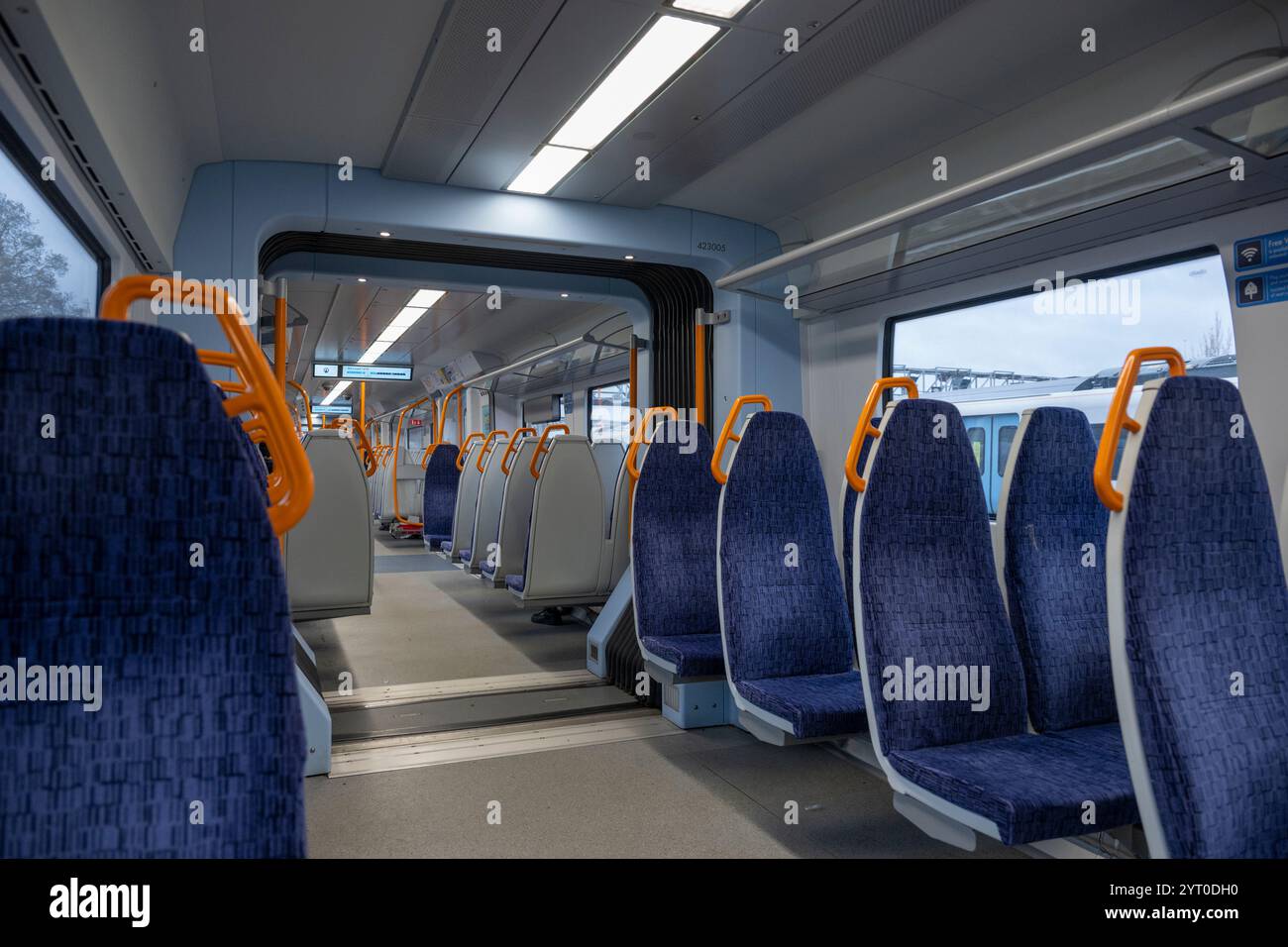 Empty carriage interior of Southeastern commuter train leaving London ...